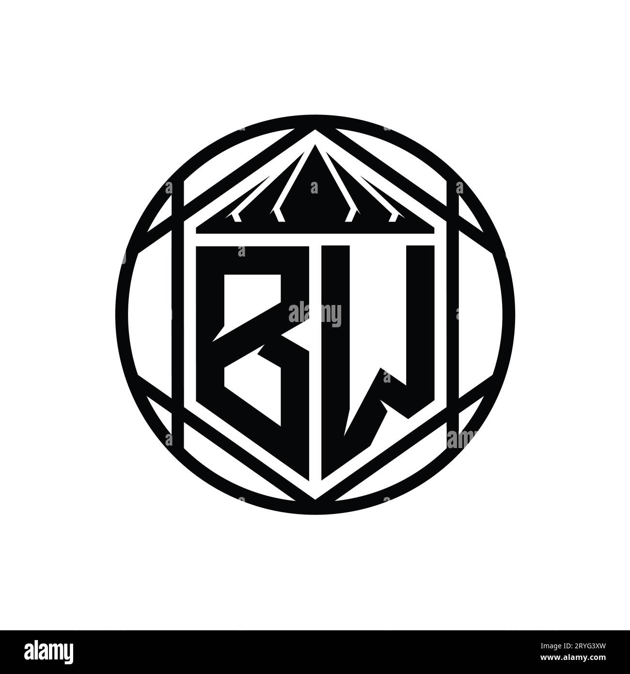BW Letter Logo monogram hexagon slice crown sharp shield shape isolated ...