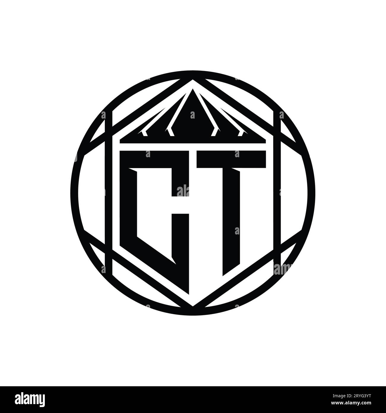 CT Letter Logo monogram hexagon slice crown sharp shield shape isolated ...
