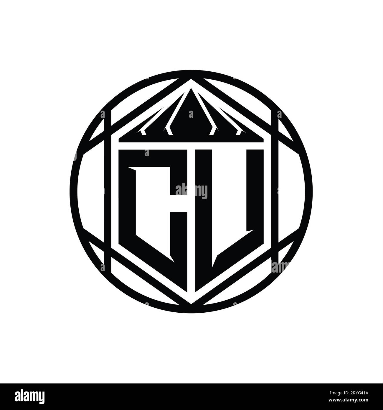 CU Letter Logo monogram hexagon slice crown sharp shield shape isolated ...