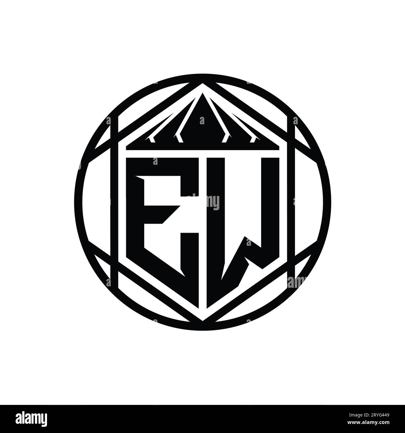 EW Letter Logo monogram hexagon slice crown sharp shield shape isolated ...