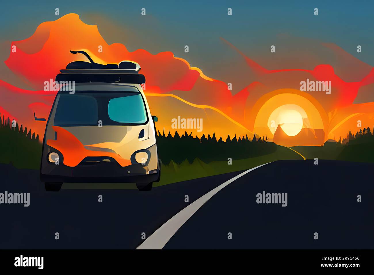 Car Driving Into Sunset Clipart