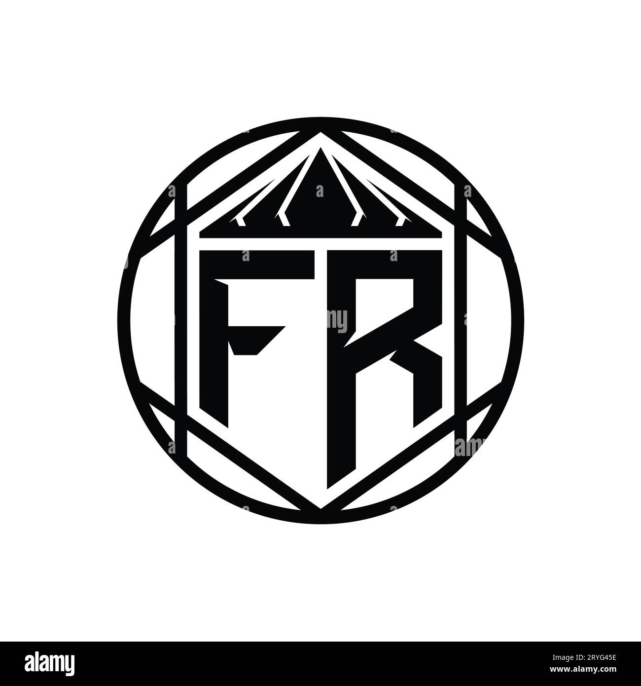 FR Letter Logo monogram hexagon slice crown sharp shield shape isolated ...