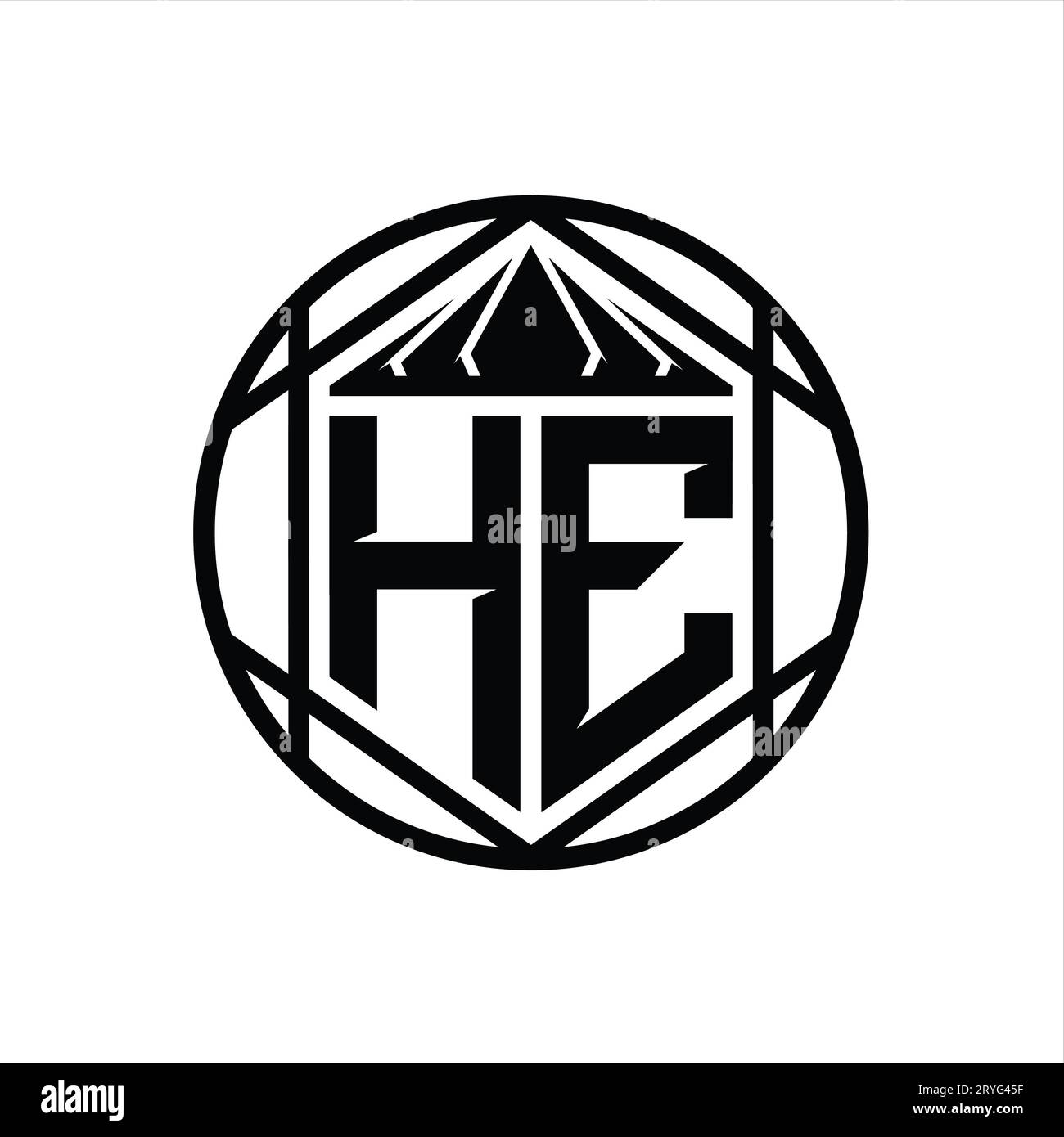 HE Letter Logo monogram hexagon slice crown sharp shield shape isolated ...