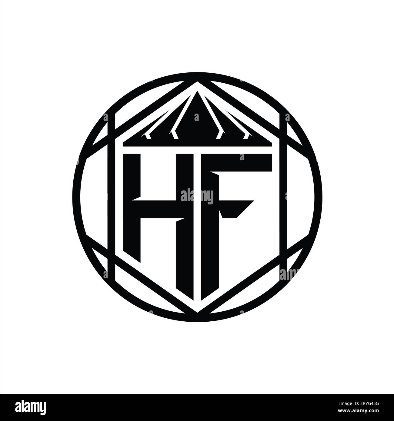 HF Letter Logo monogram hexagon slice crown sharp shield shape isolated ...