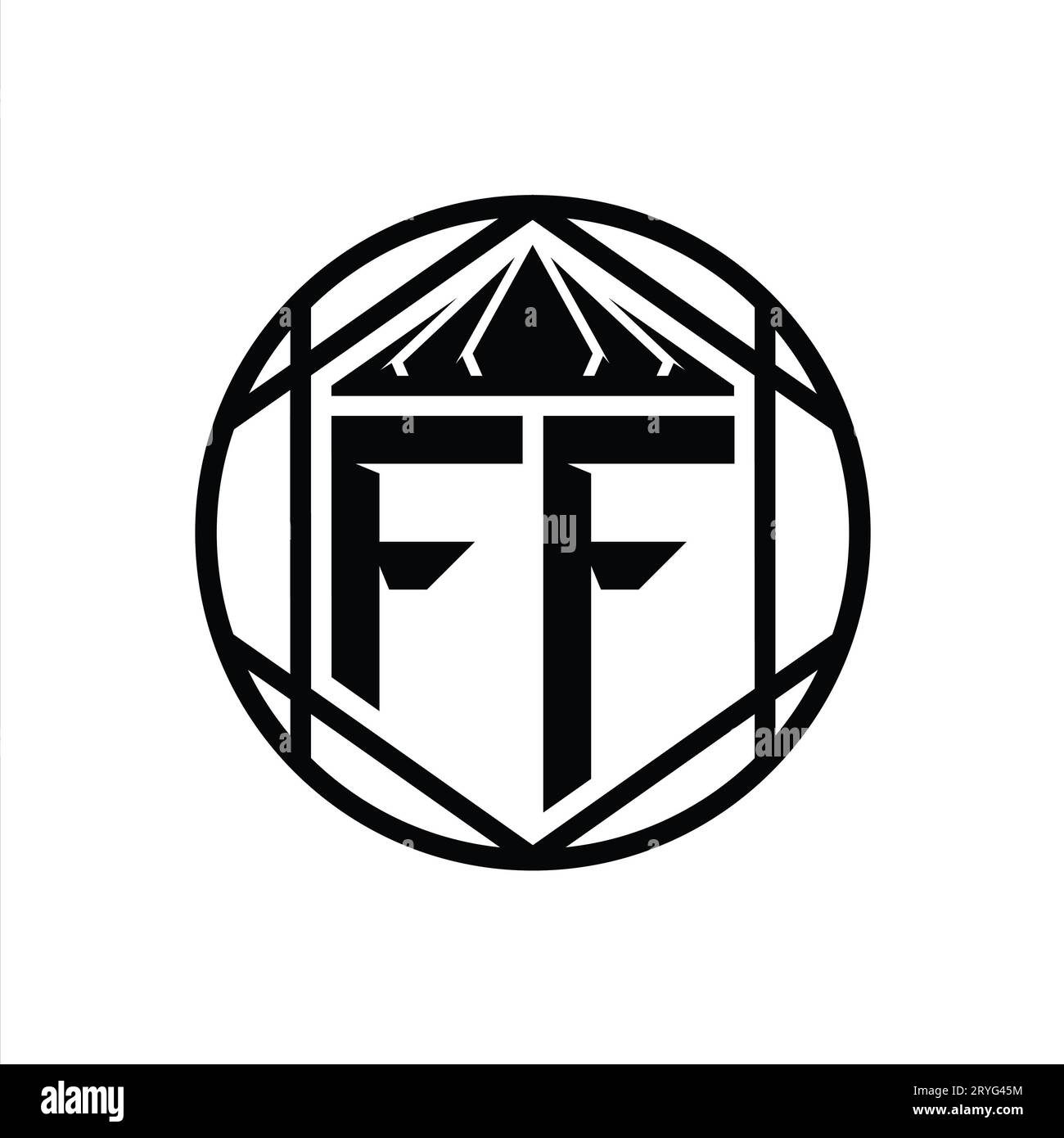 FF Letter Logo monogram hexagon slice crown sharp shield shape isolated ...