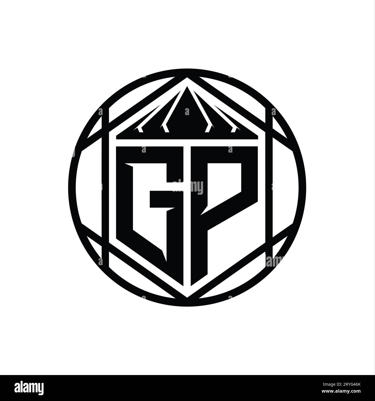 GP Letter Logo monogram hexagon slice crown sharp shield shape isolated ...