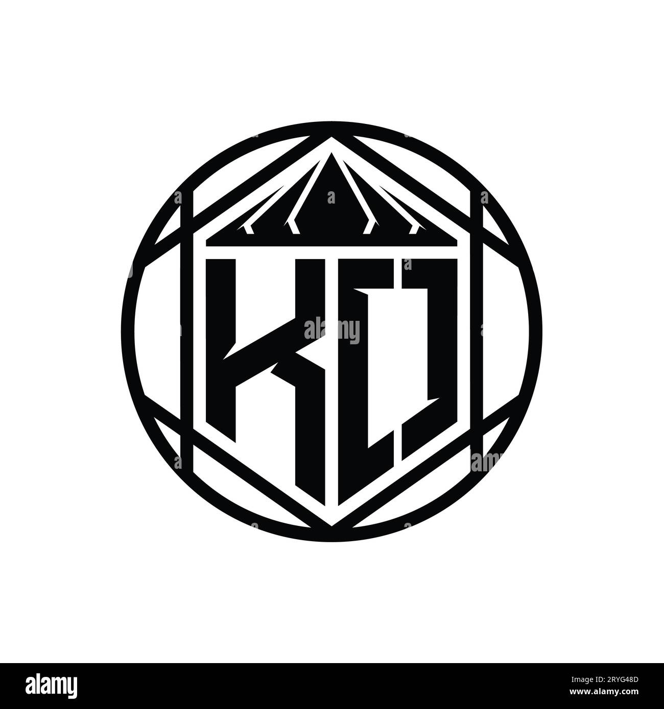 KO Letter Logo monogram hexagon slice crown sharp shield shape isolated ...