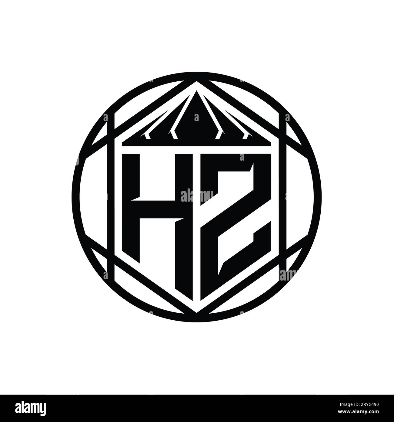 HZ Letter Logo monogram hexagon slice crown sharp shield shape isolated circle abstract style ...
