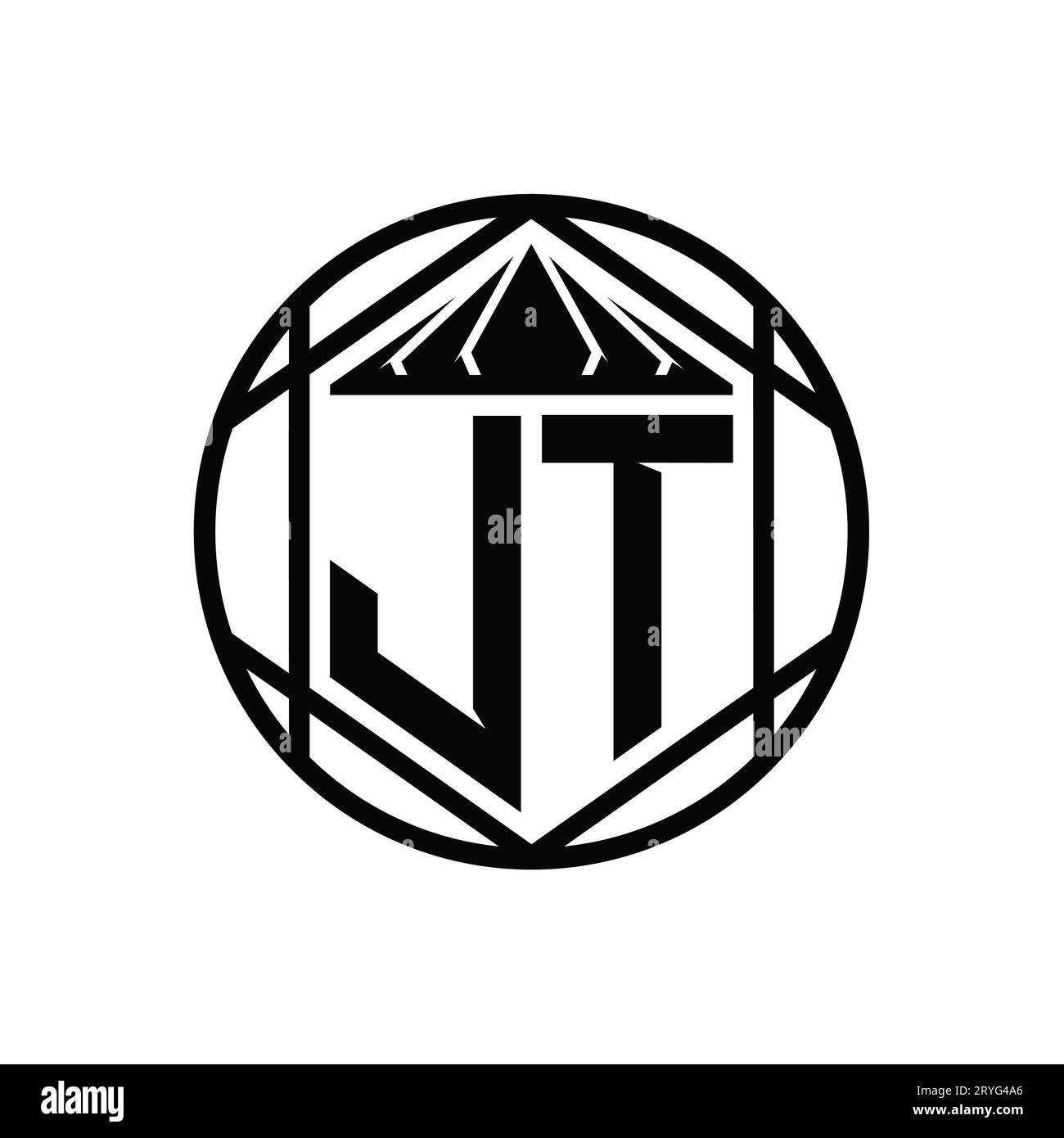 JT Letter Logo monogram hexagon slice crown sharp shield shape isolated circle abstract style ...