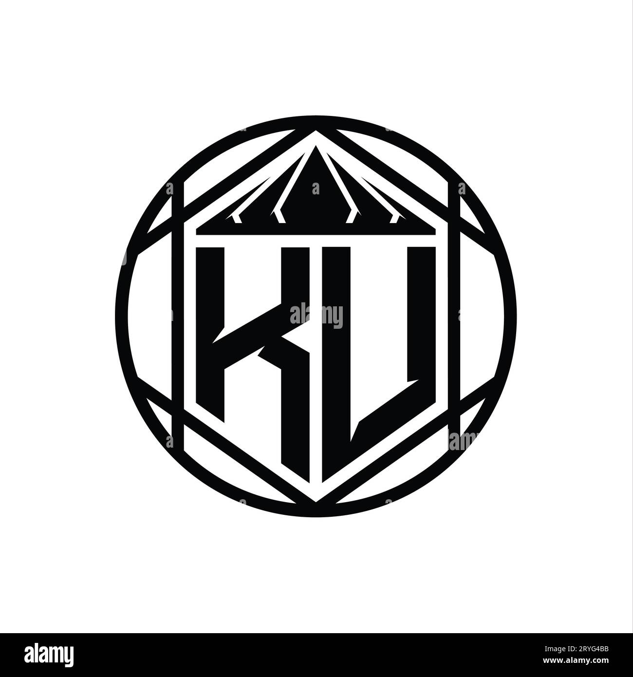KU Letter Logo monogram hexagon slice crown sharp shield shape isolated circle abstract style ...