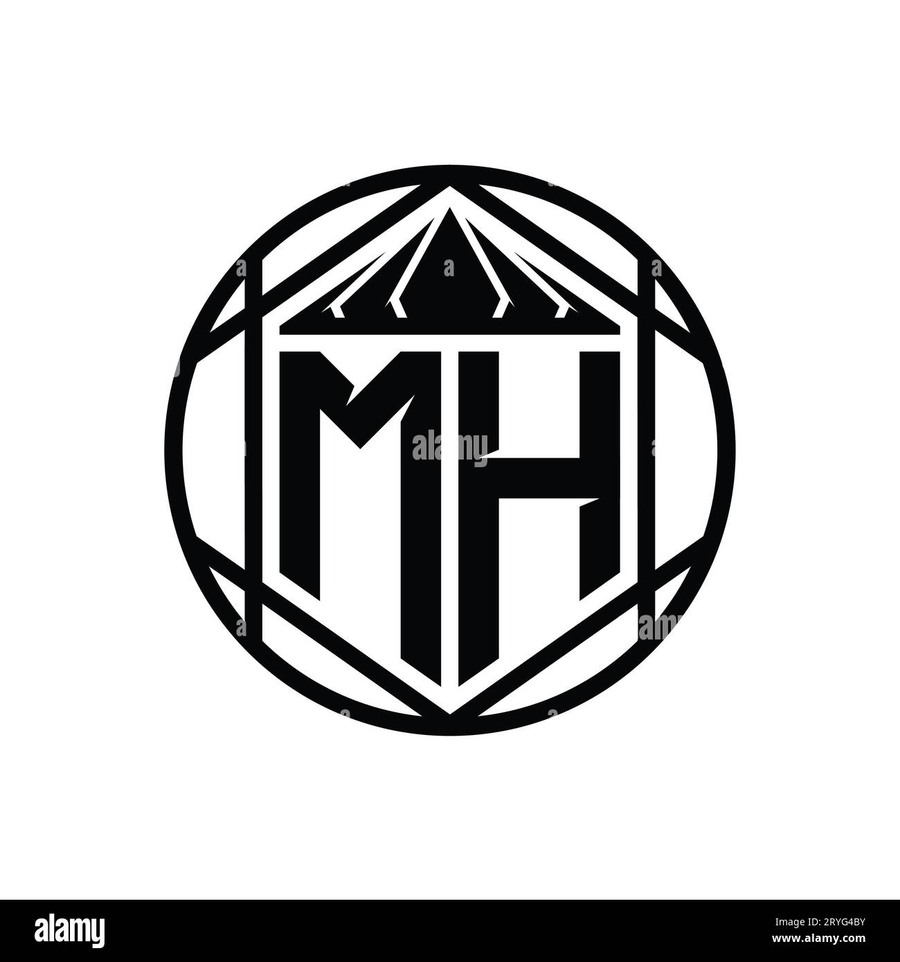MH Letter Logo monogram hexagon slice crown sharp shield shape isolated ...