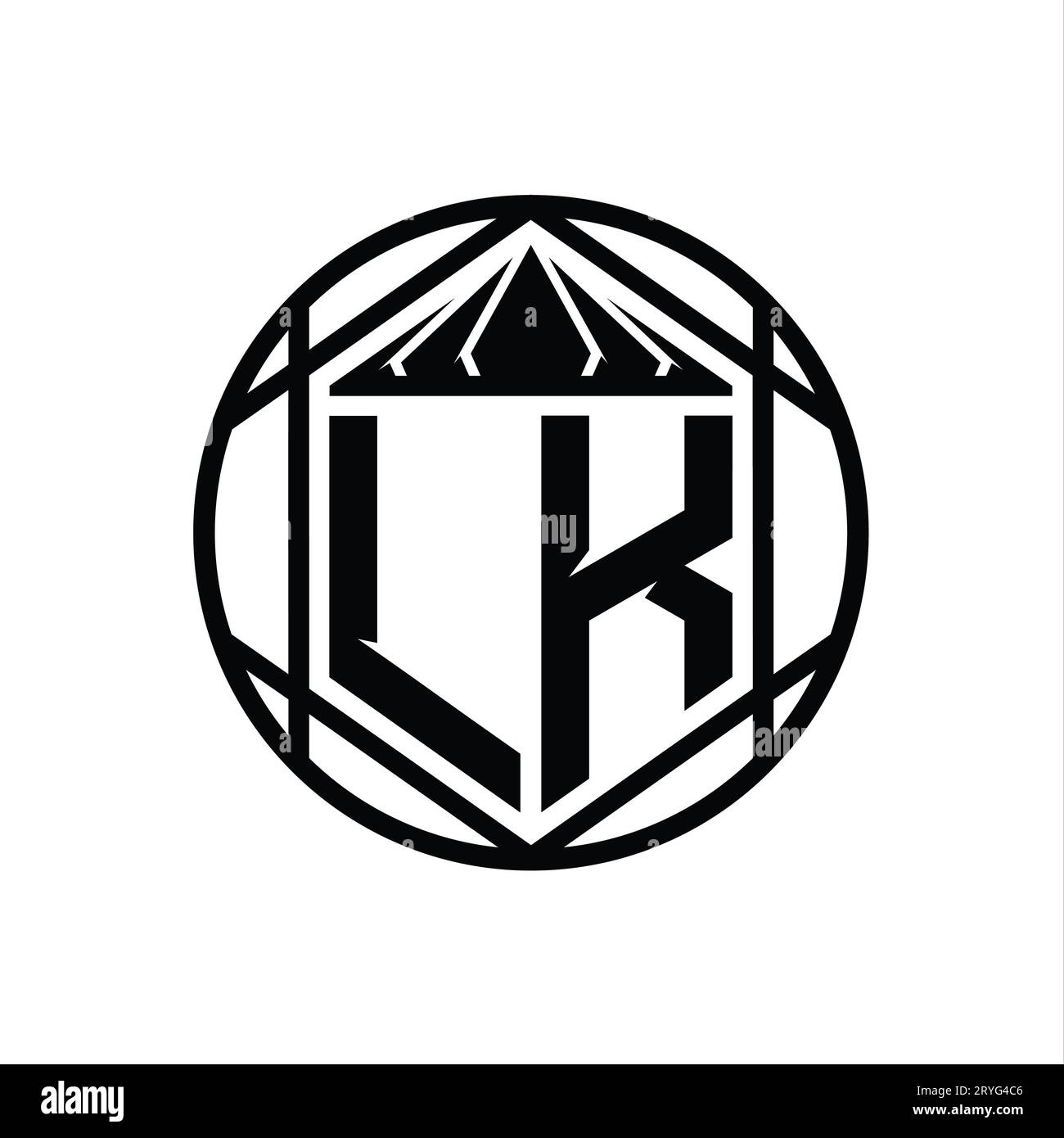 LK Letter Logo monogram hexagon slice crown sharp shield shape isolated ...