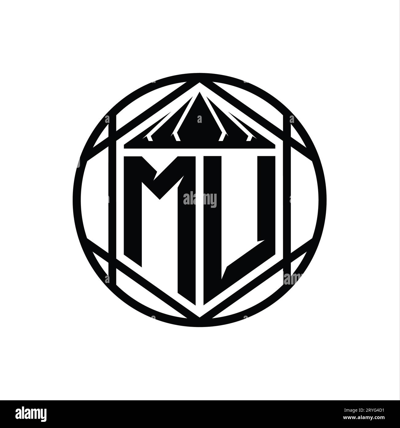 MU Letter Logo monogram hexagon slice crown sharp shield shape isolated ...