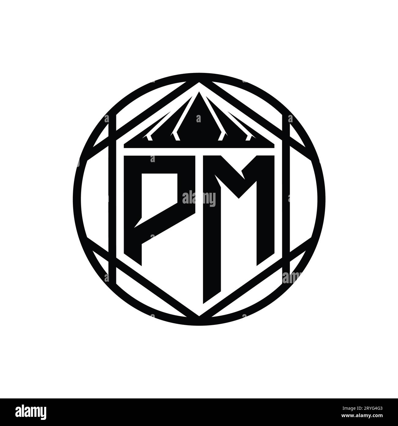 PM Letter Logo monogram hexagon slice crown sharp shield shape isolated ...