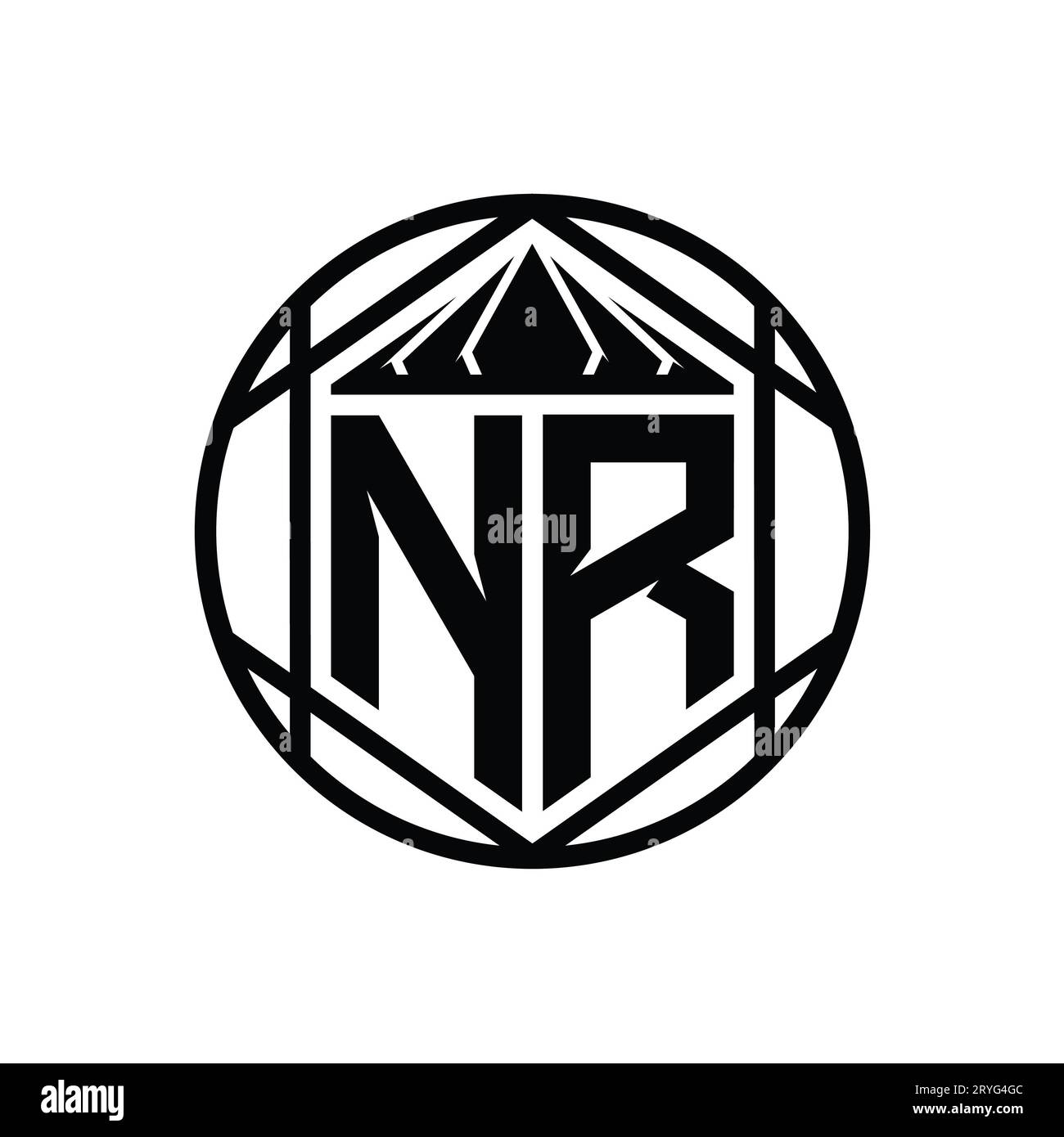 NR Letter Logo monogram hexagon slice crown sharp shield shape isolated ...