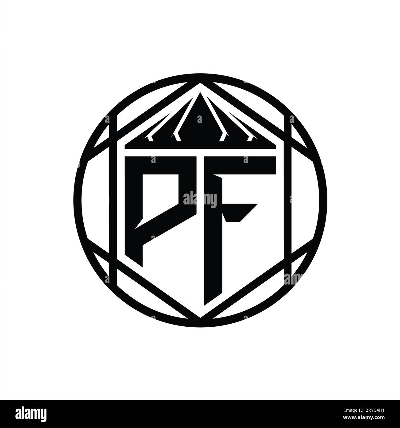 PF Letter Logo monogram hexagon slice crown sharp shield shape isolated ...