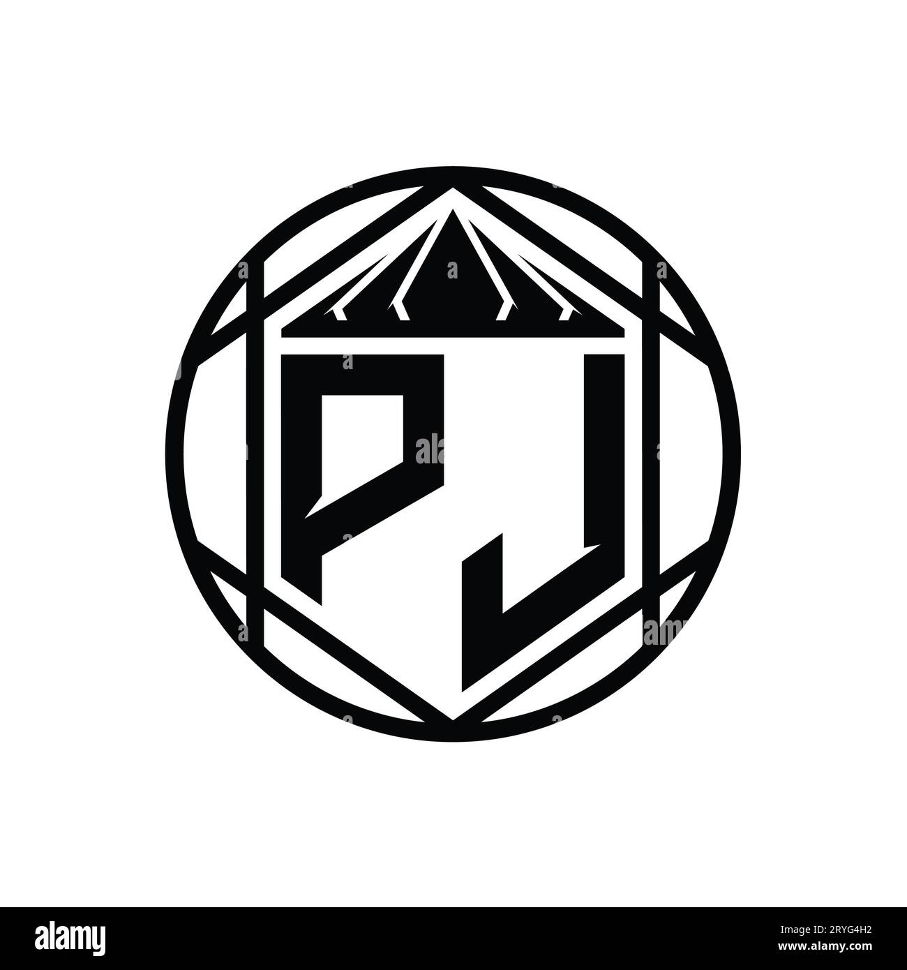 PJ Letter Logo monogram hexagon slice crown sharp shield shape isolated ...
