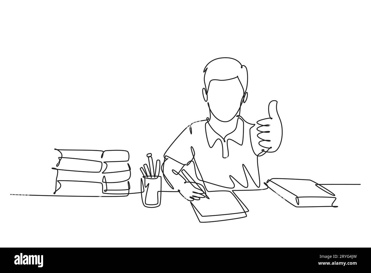 Single continuous line drawing young happy boy student study diligently ...