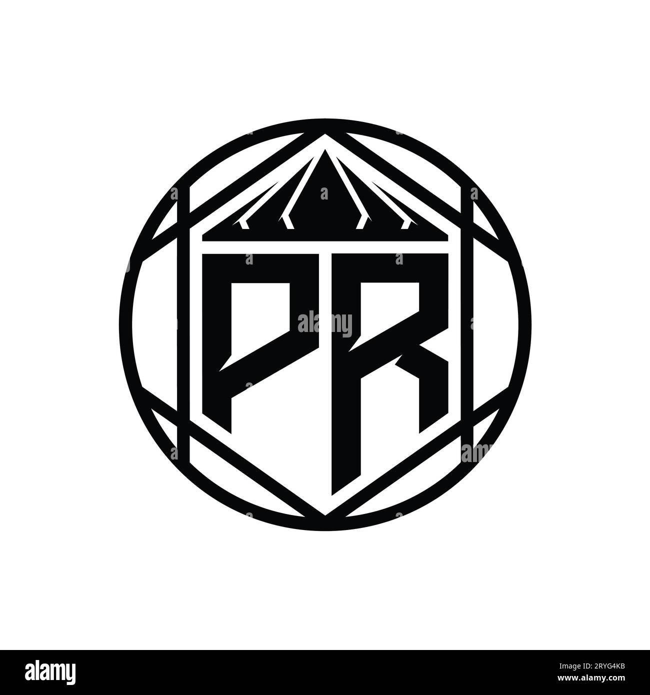 PR Letter Logo monogram hexagon slice crown sharp shield shape isolated ...