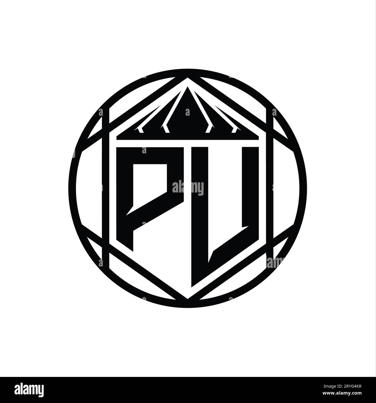 PU Letter Logo monogram hexagon slice crown sharp shield shape isolated ...