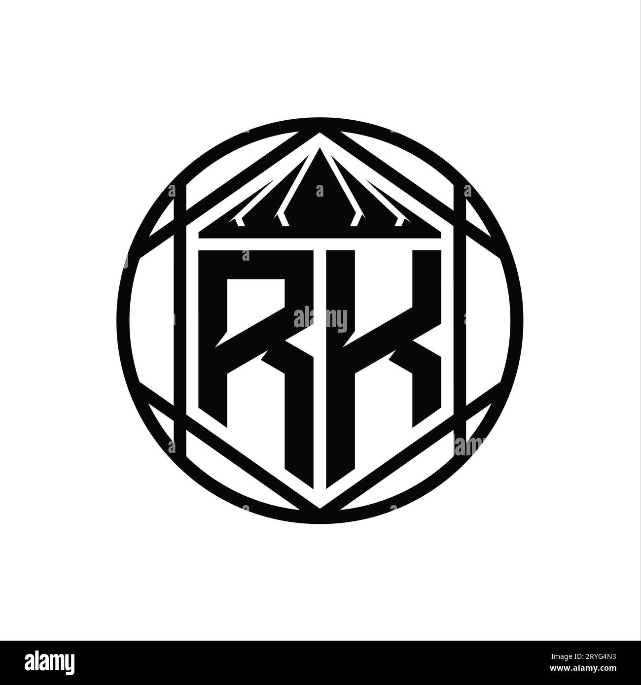 RK Letter Logo monogram hexagon slice crown sharp shield shape isolated circle abstract style ...