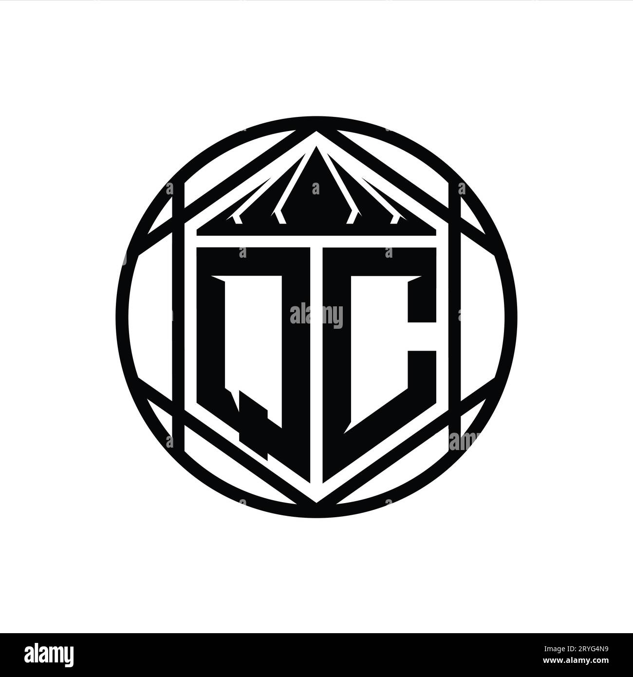 QC Letter Logo monogram hexagon slice crown sharp shield shape isolated ...