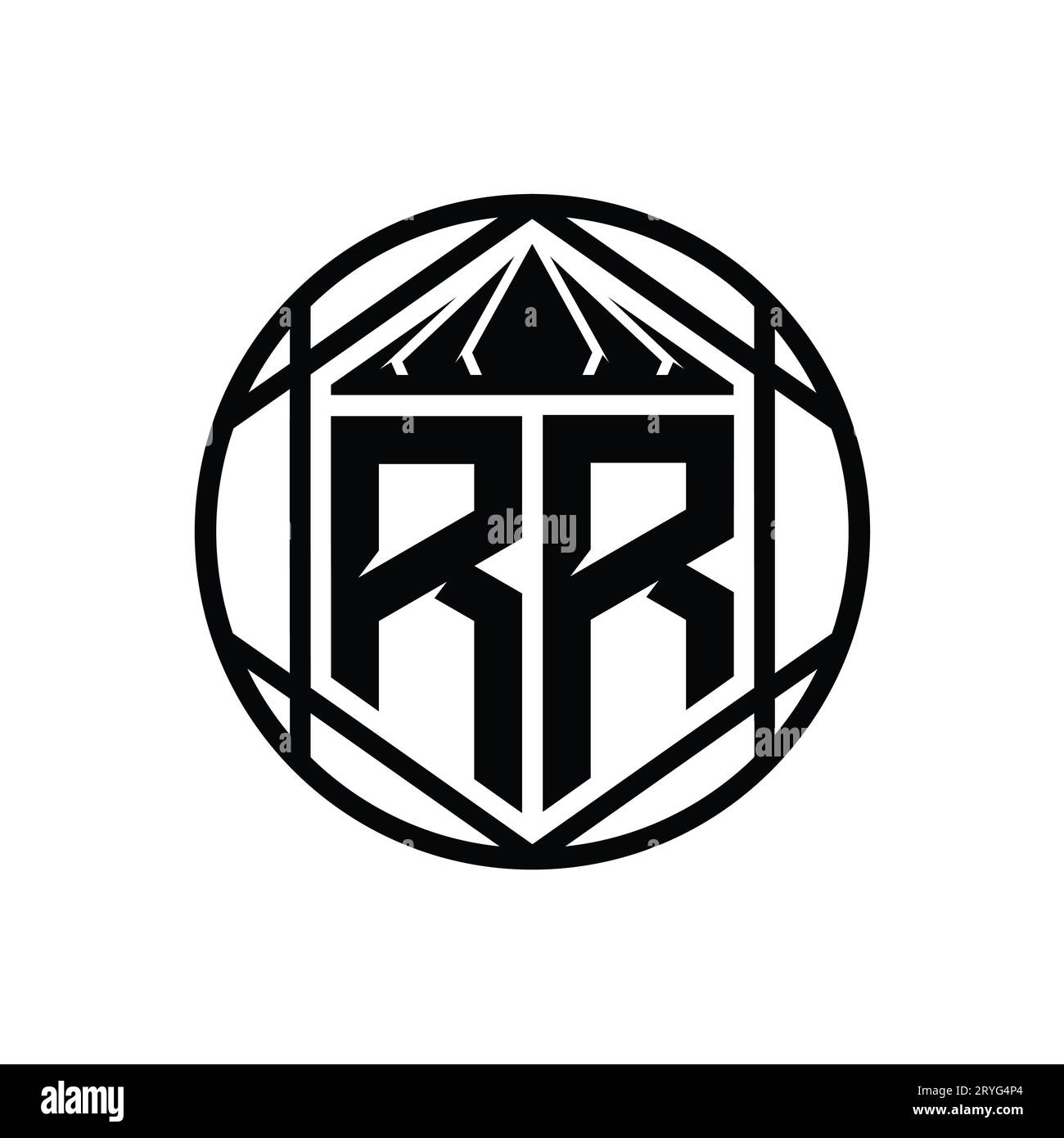 RR Letter Logo monogram hexagon slice crown sharp shield shape isolated ...