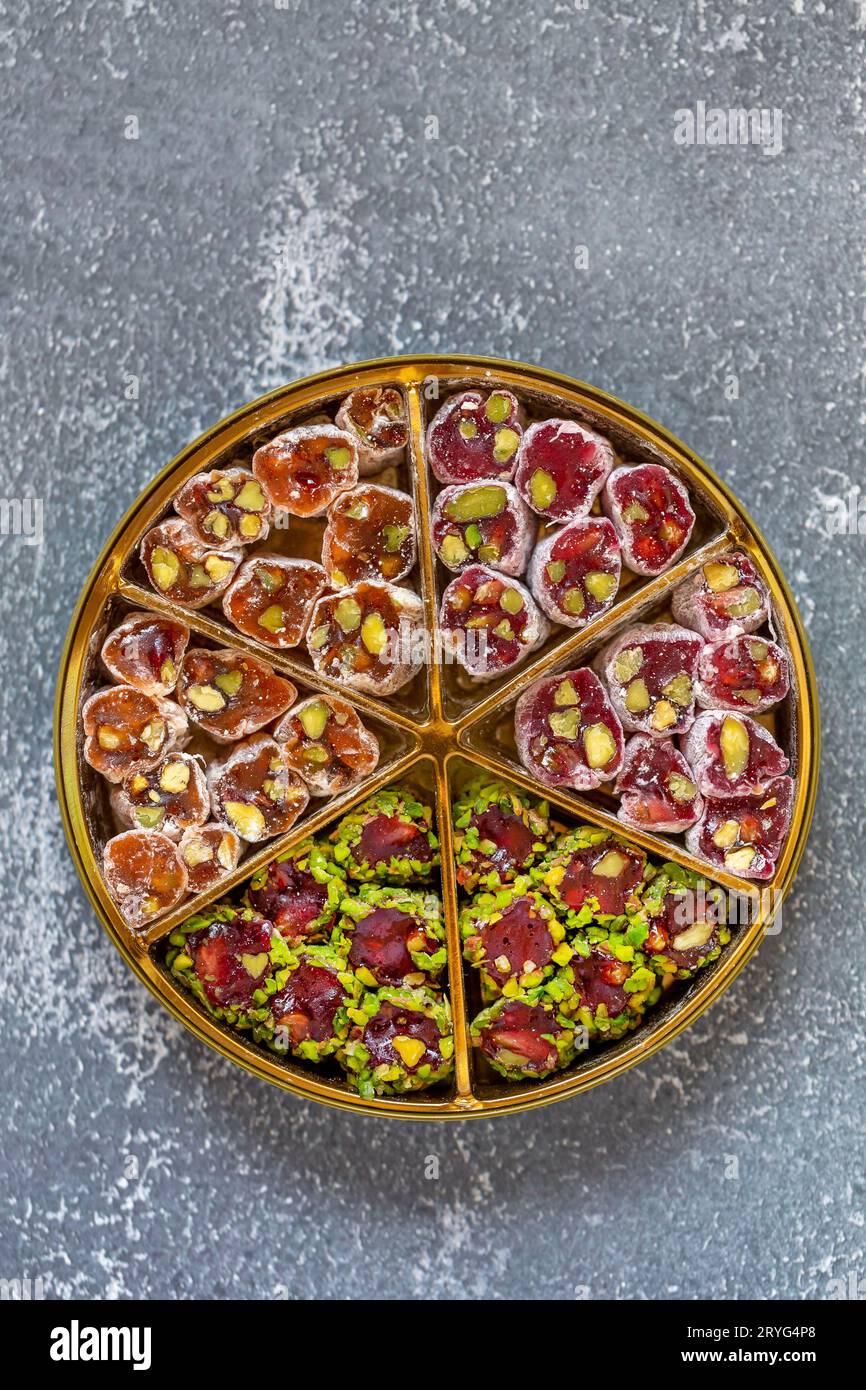 Delicious assortment of Turkish delight, top view closeup Stock Photo ...