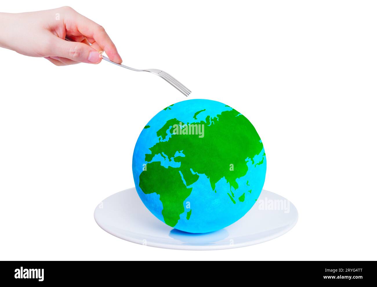 Hand trying to taste a world globe with a fork. Global business ...