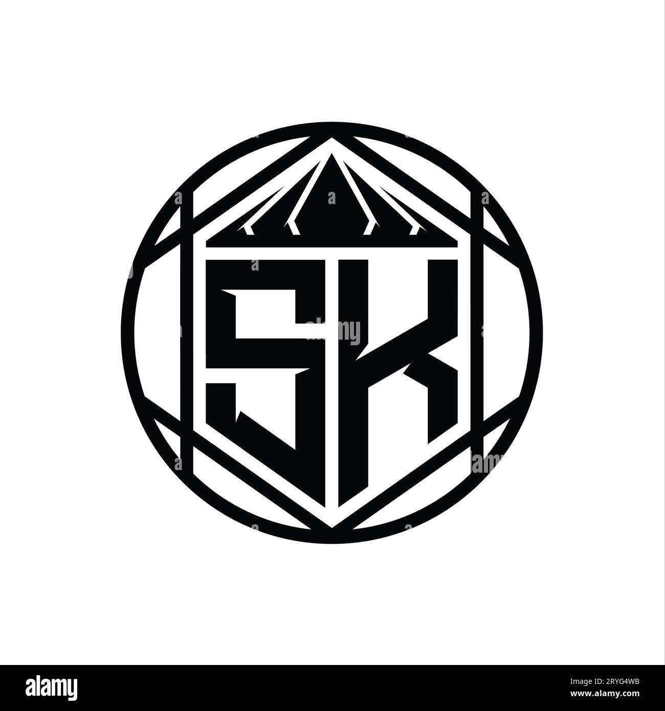 SK Letter Logo monogram hexagon slice crown sharp shield shape isolated ...