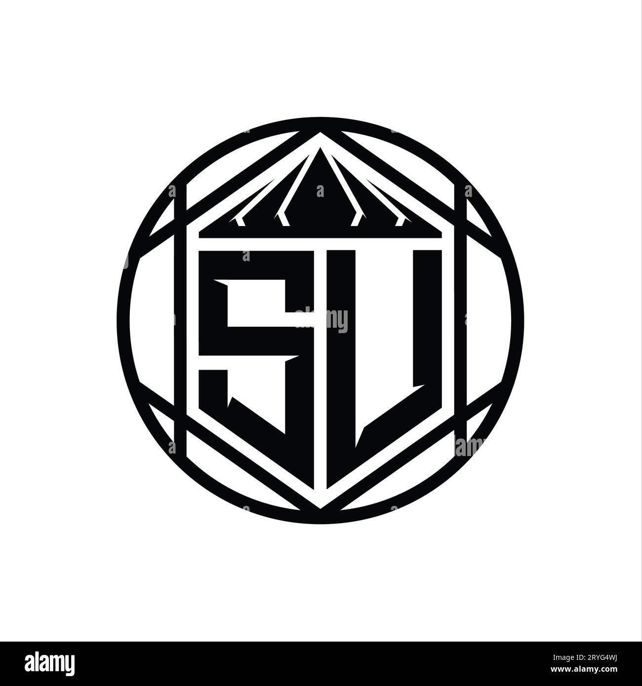 SU Letter Logo monogram hexagon slice crown sharp shield shape isolated circle abstract style ...