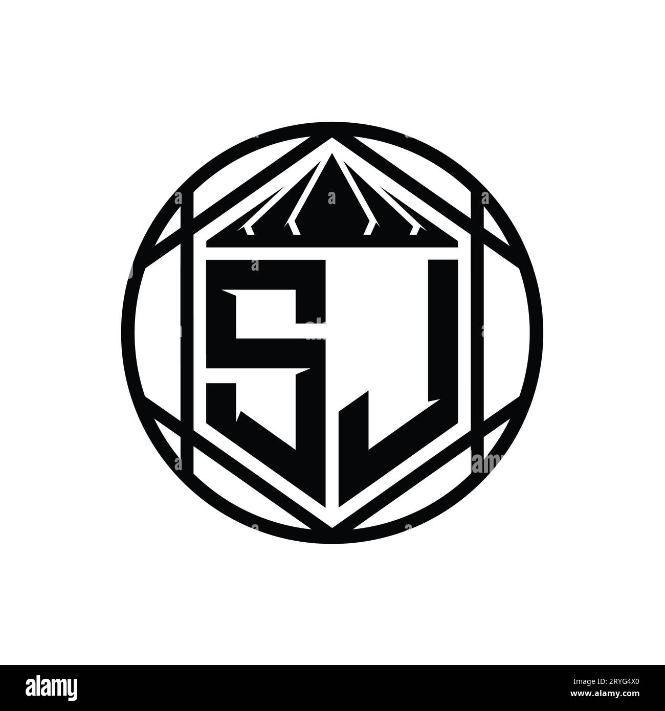 SJ Letter Logo monogram hexagon slice crown sharp shield shape isolated ...