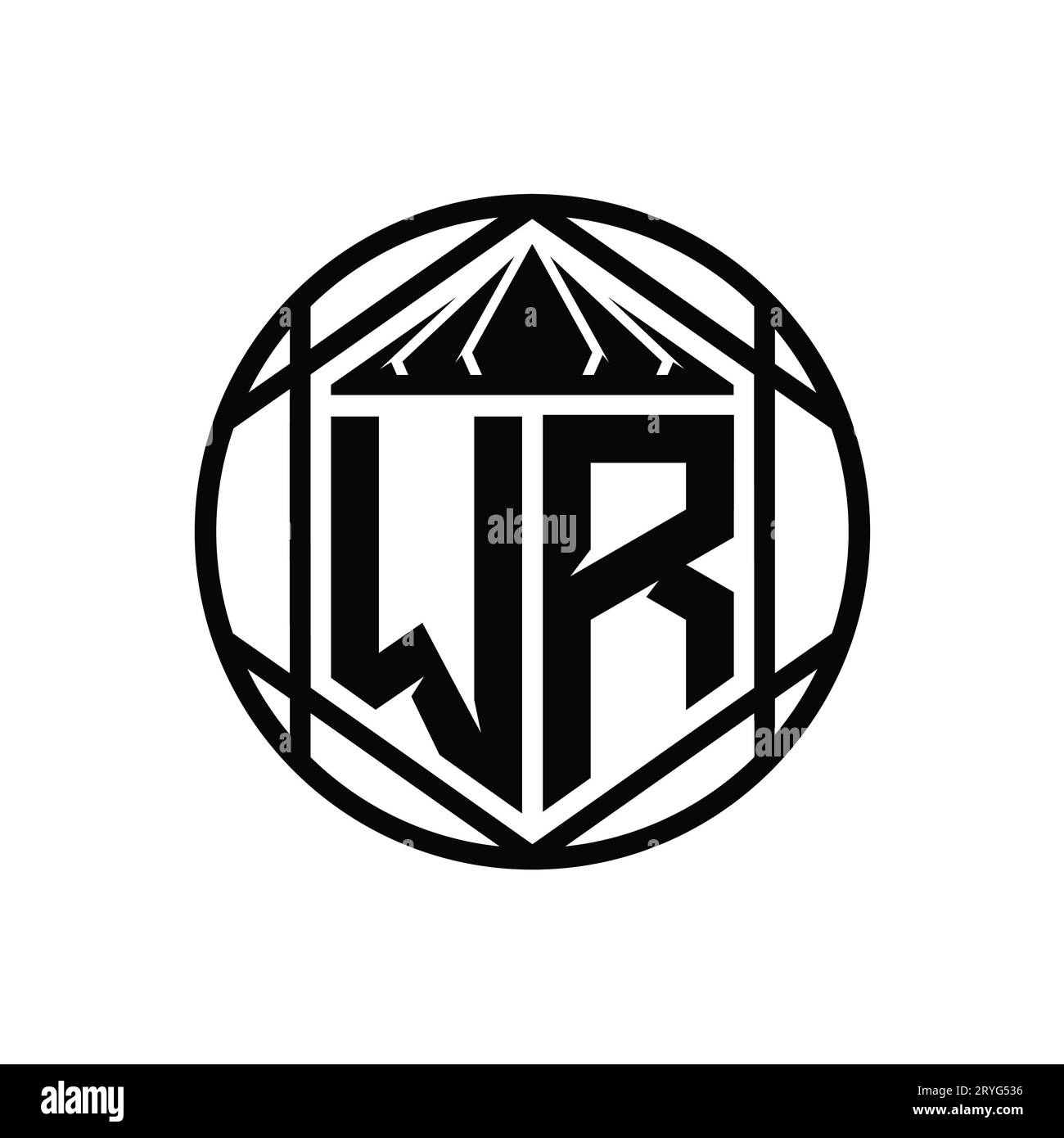 WR Letter Logo monogram hexagon slice crown sharp shield shape isolated ...