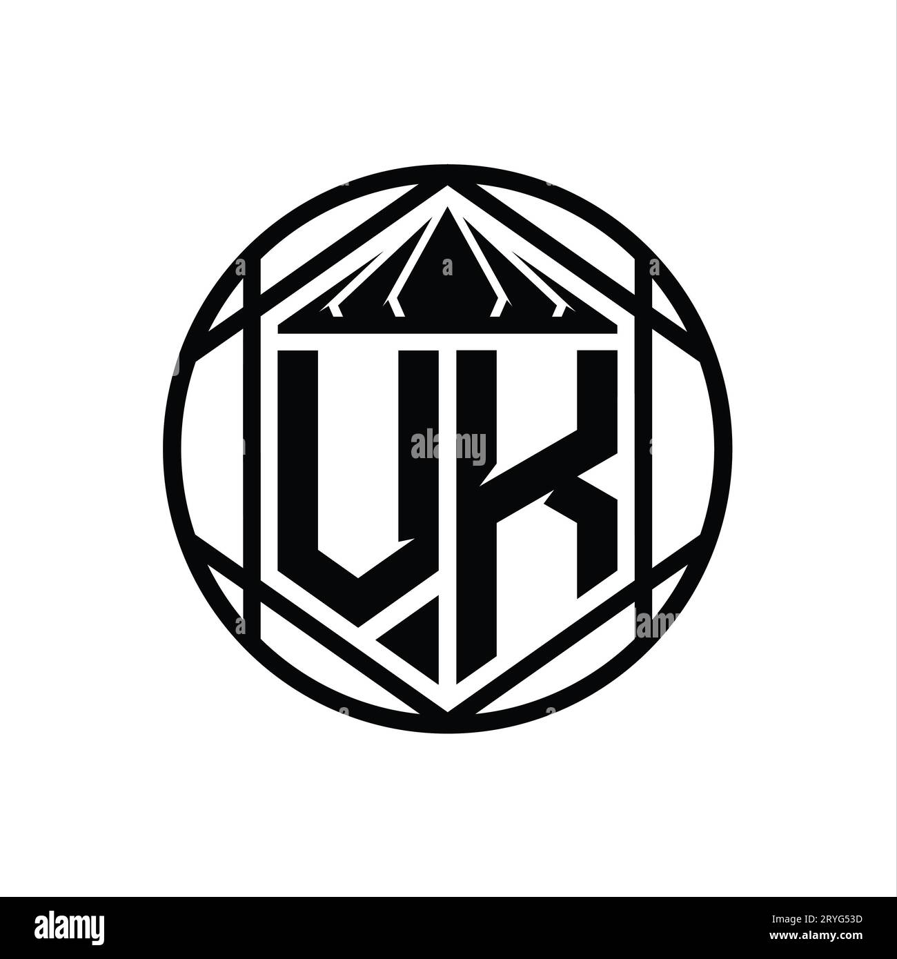 VK Letter Logo monogram hexagon slice crown sharp shield shape isolated circle abstract style ...