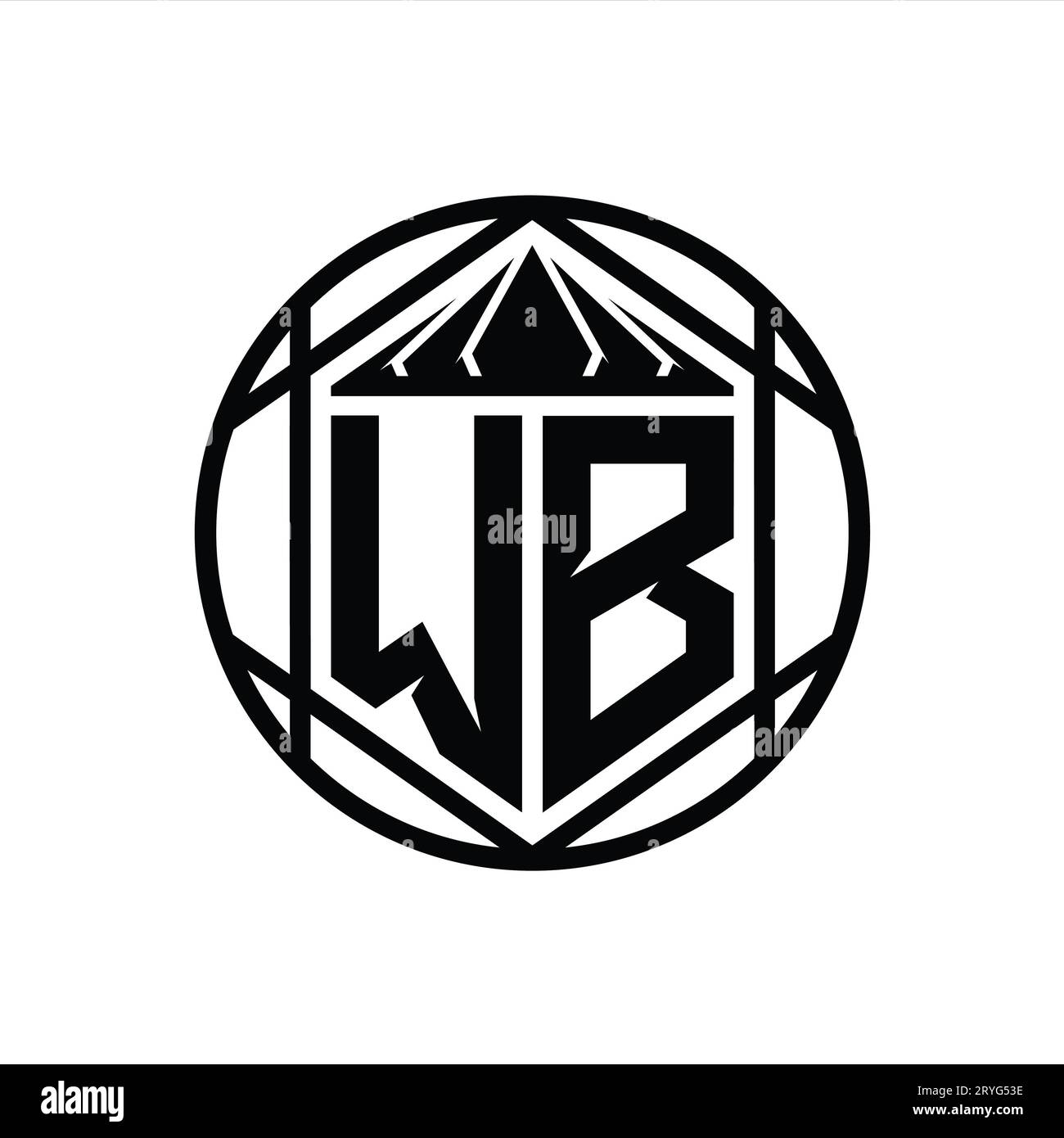 WB Letter Logo monogram hexagon slice crown sharp shield shape isolated ...