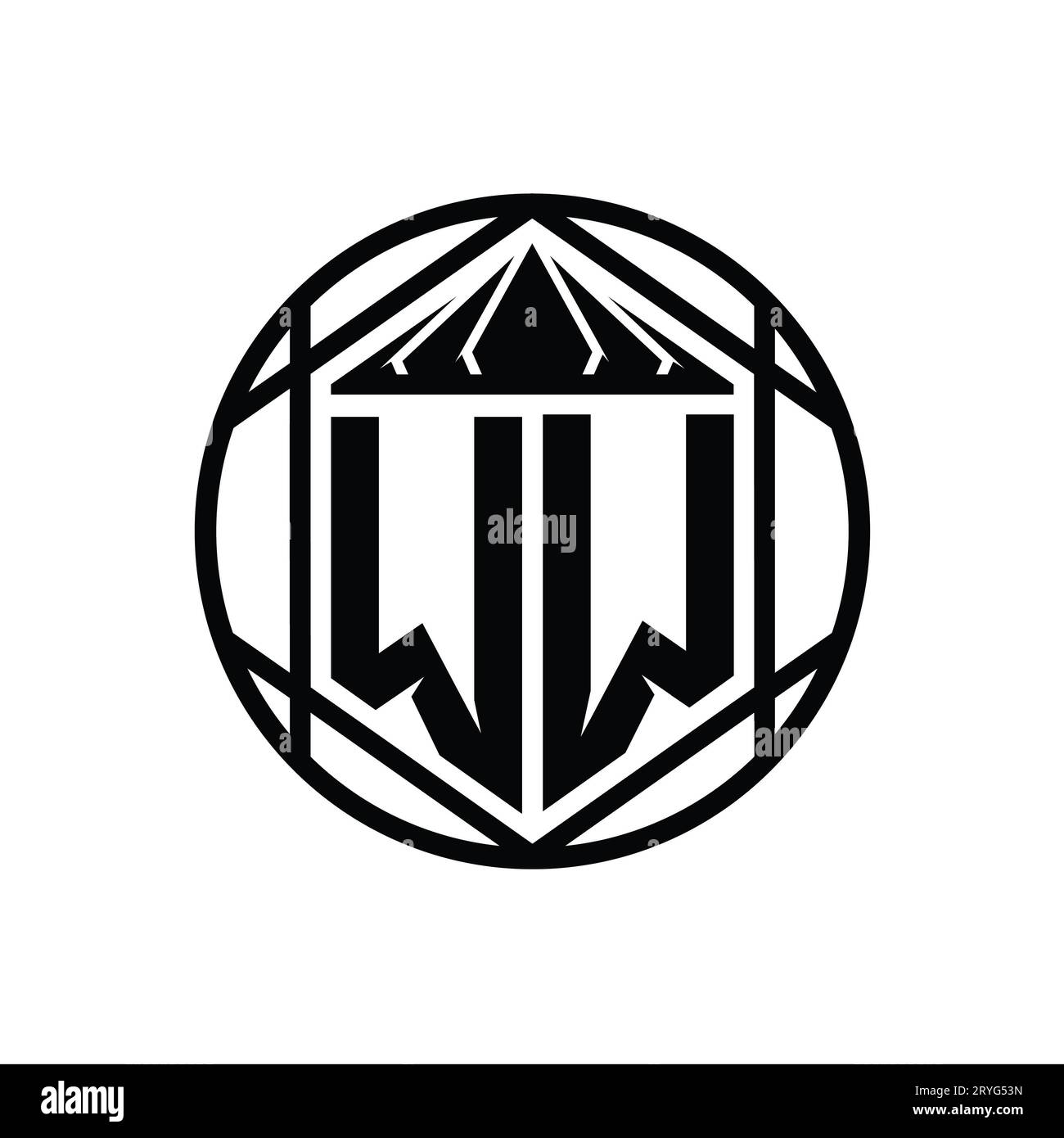 WW Letter Logo monogram hexagon slice crown sharp shield shape isolated ...