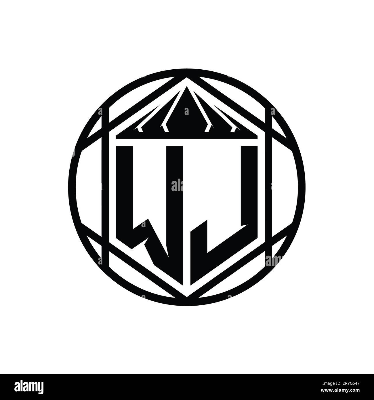 WJ Letter Logo monogram hexagon slice crown sharp shield shape isolated ...
