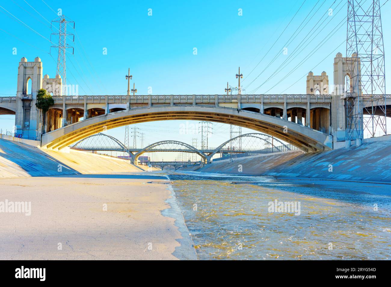 Panoramic view of the 6th Street Bridge spanning the LA River, with ...