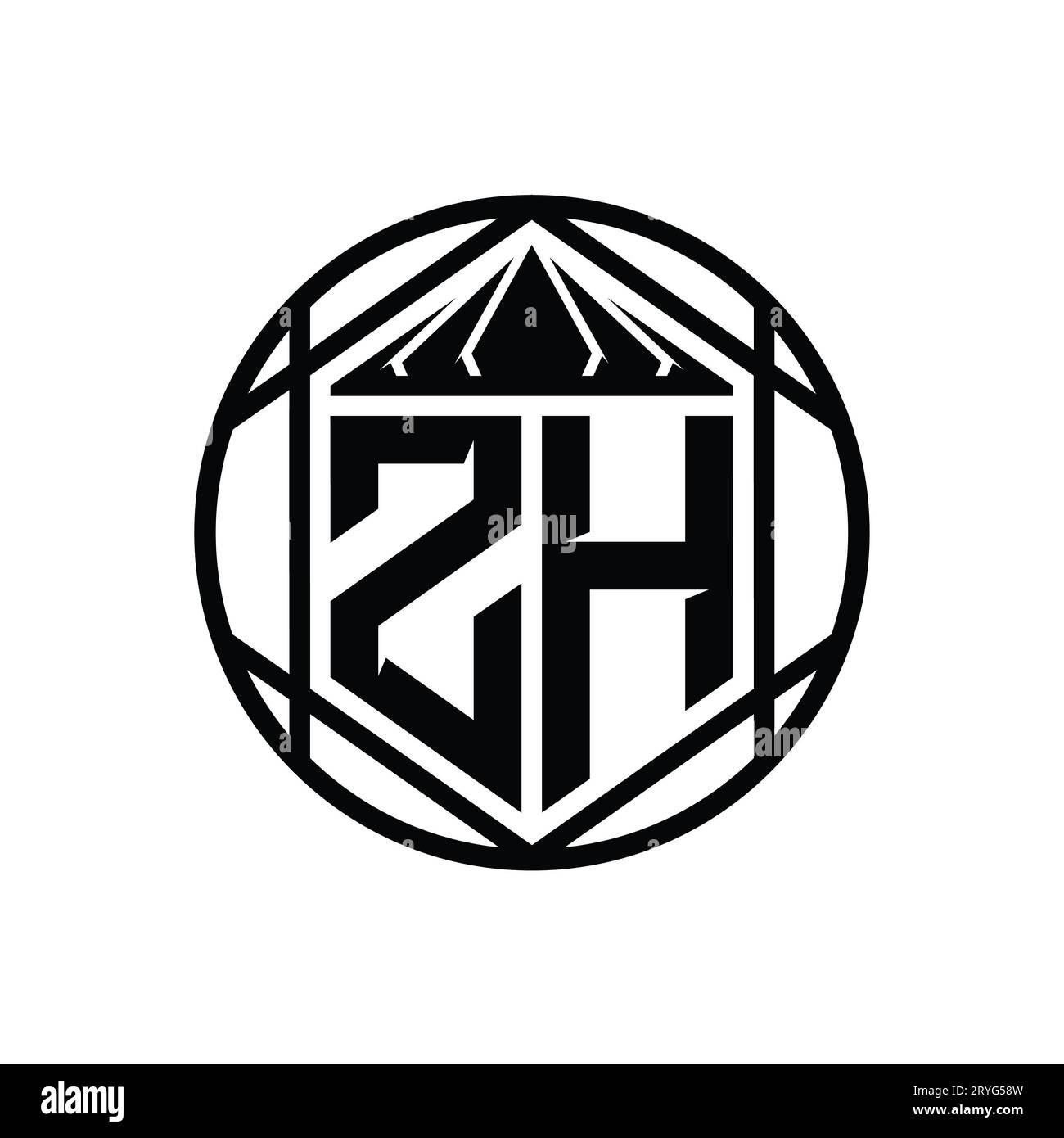 ZH Letter Logo monogram hexagon slice crown sharp shield shape isolated ...