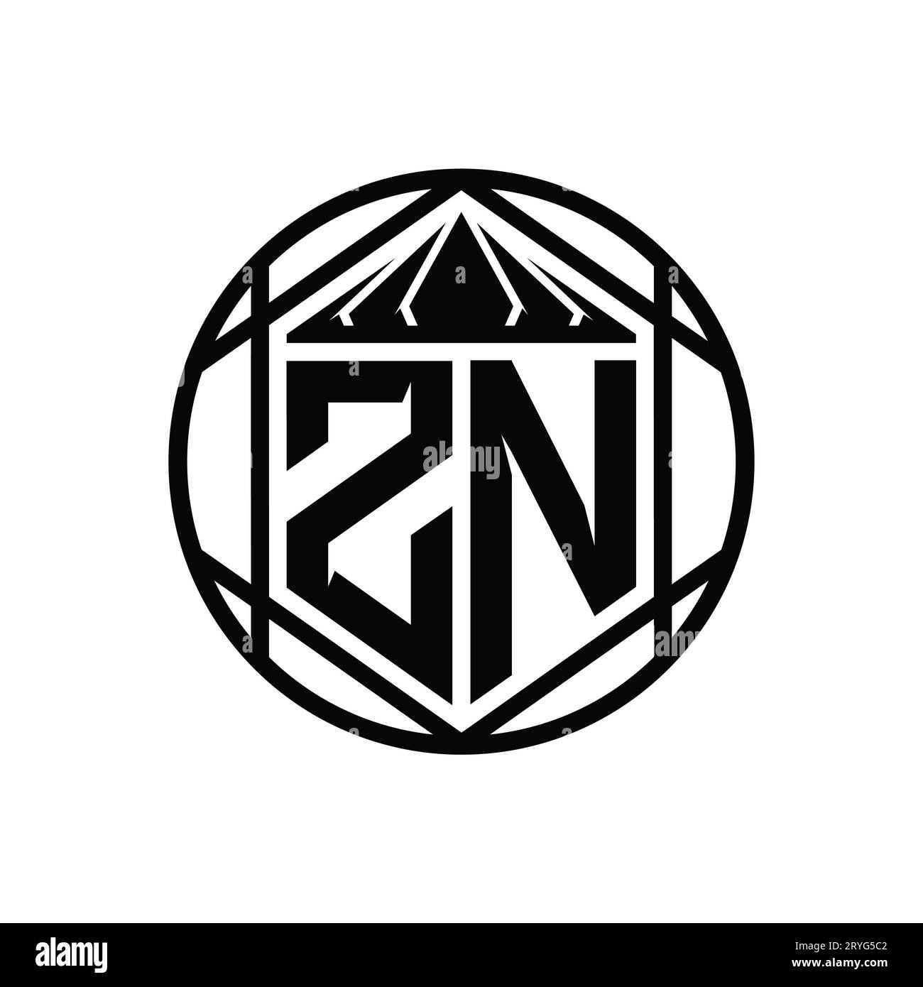 ZN Letter Logo monogram hexagon slice crown sharp shield shape isolated ...