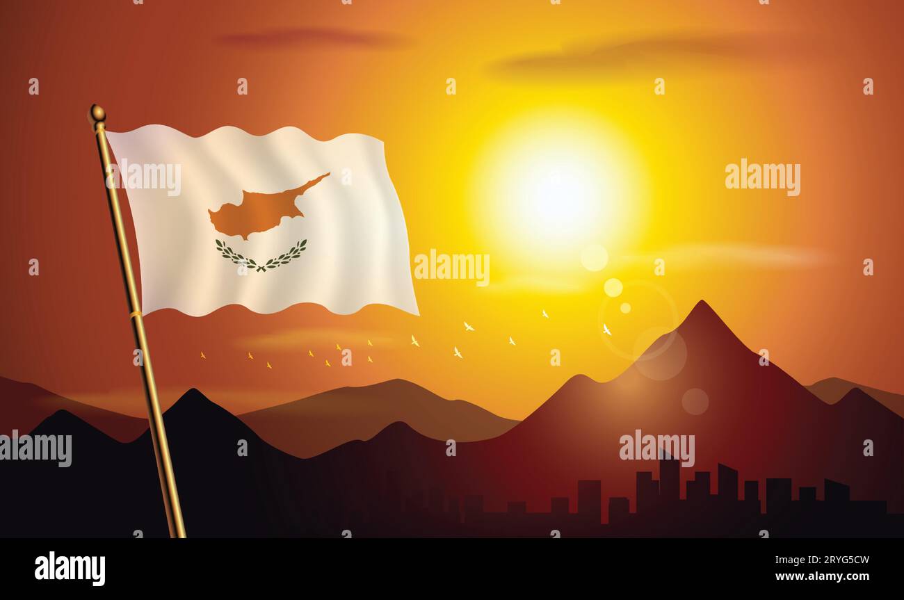 Cyprus flag with sunset background of mountains and lakes Stock Vector ...