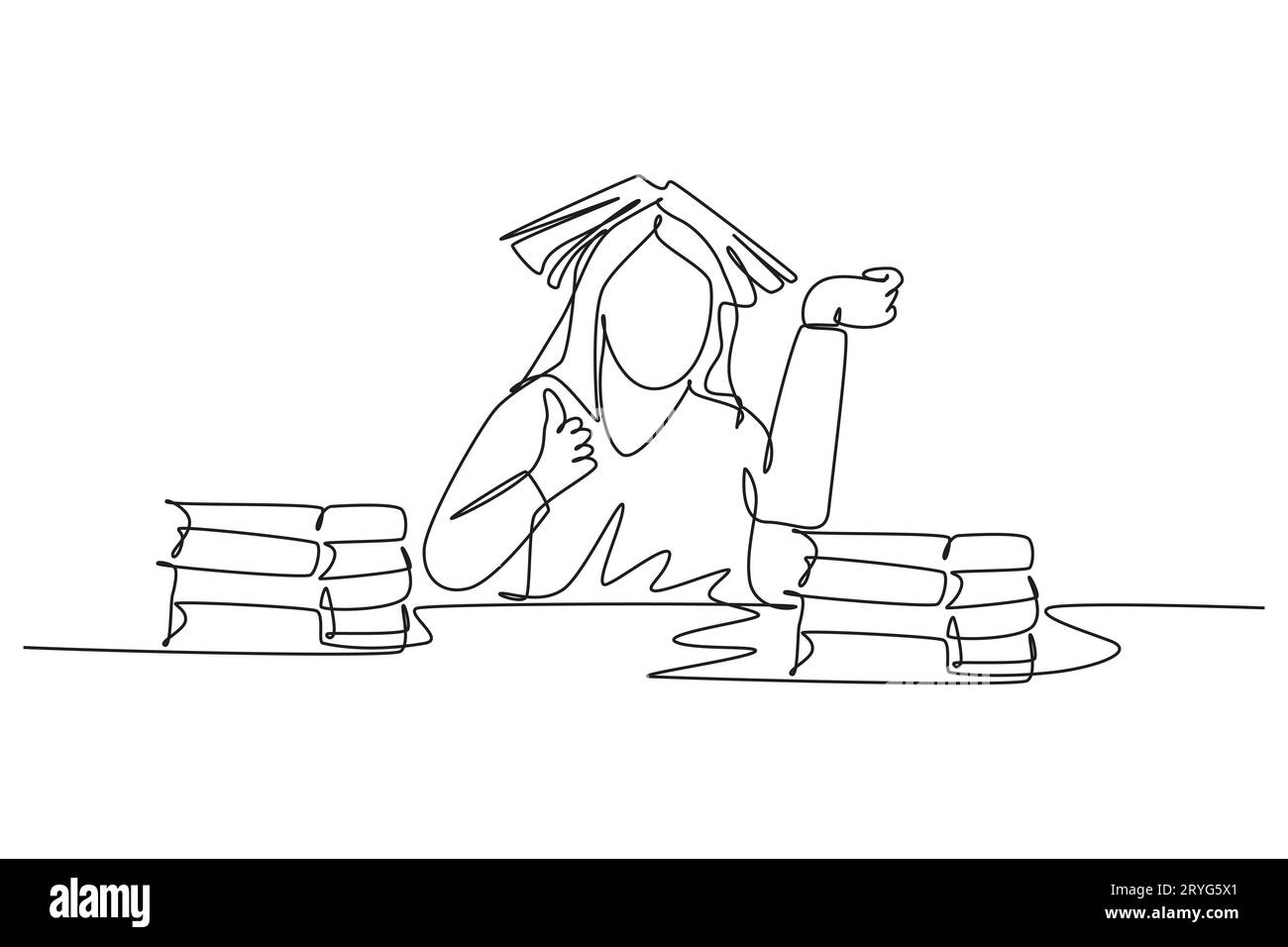 Single one line drawing young bored female student read stack of books ...