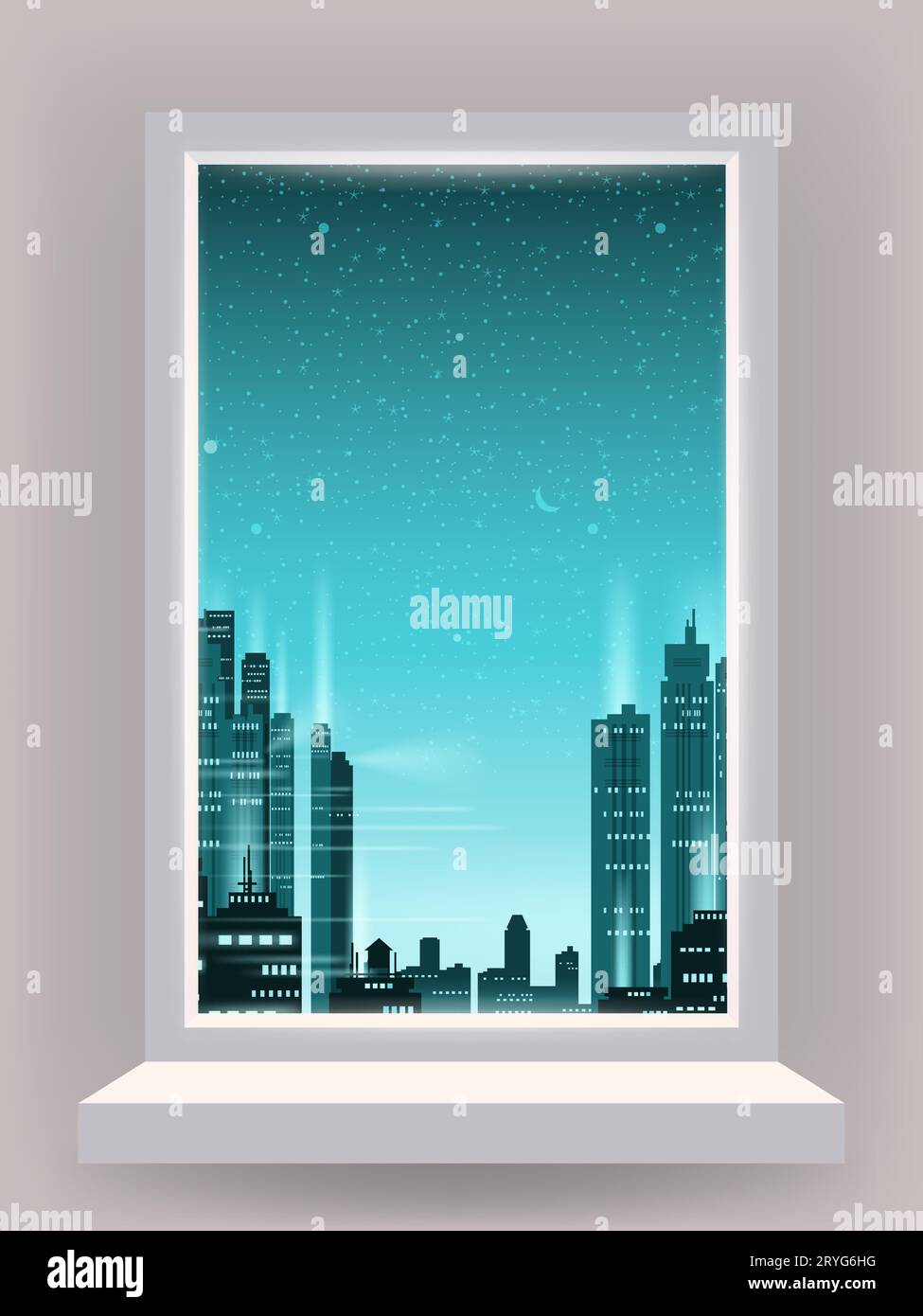 Window view interior, night city, skyscrapers, lights buildings Stock ...