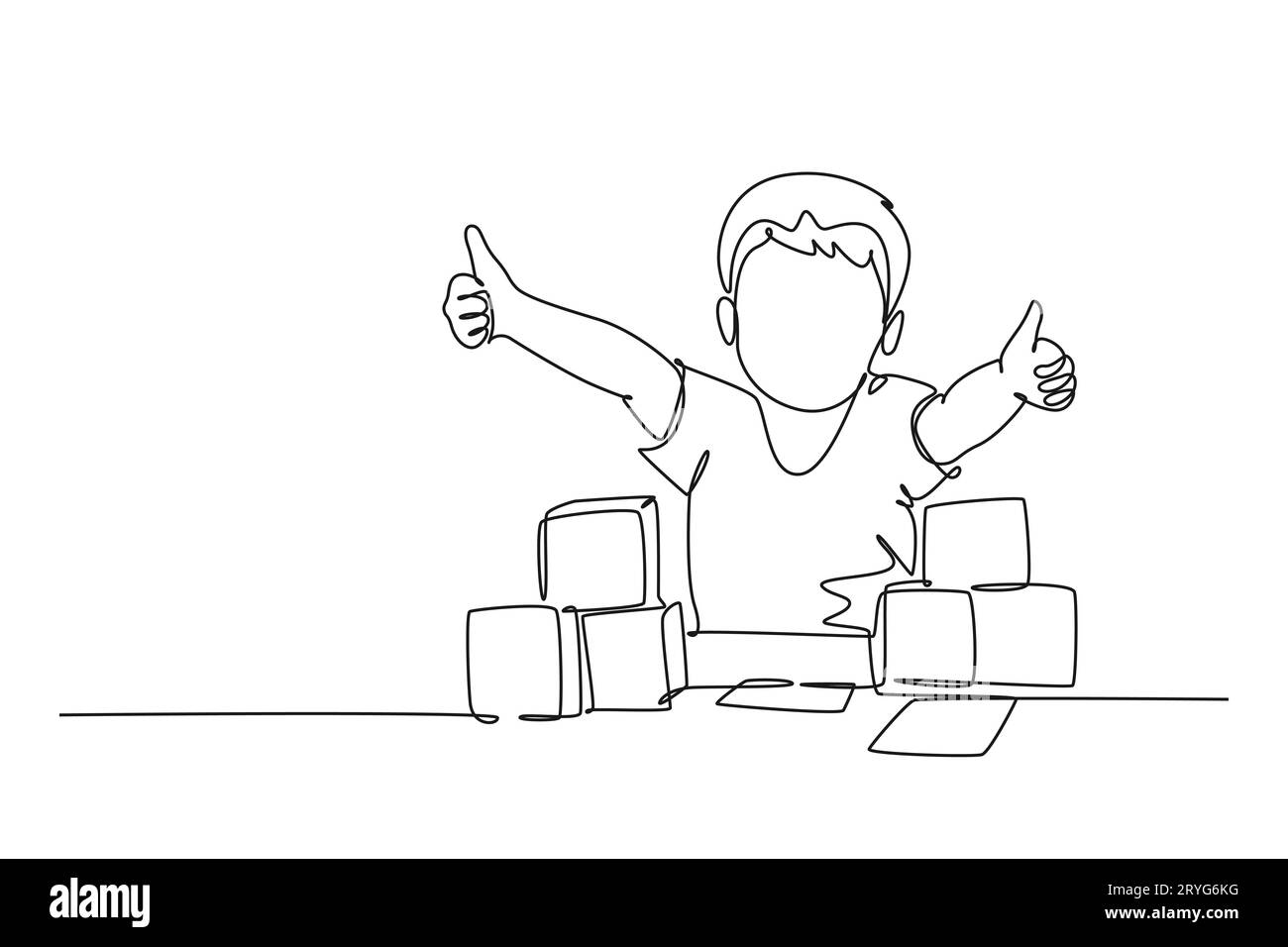 Single one line drawing young happy little boy playing stack of puzzle ...