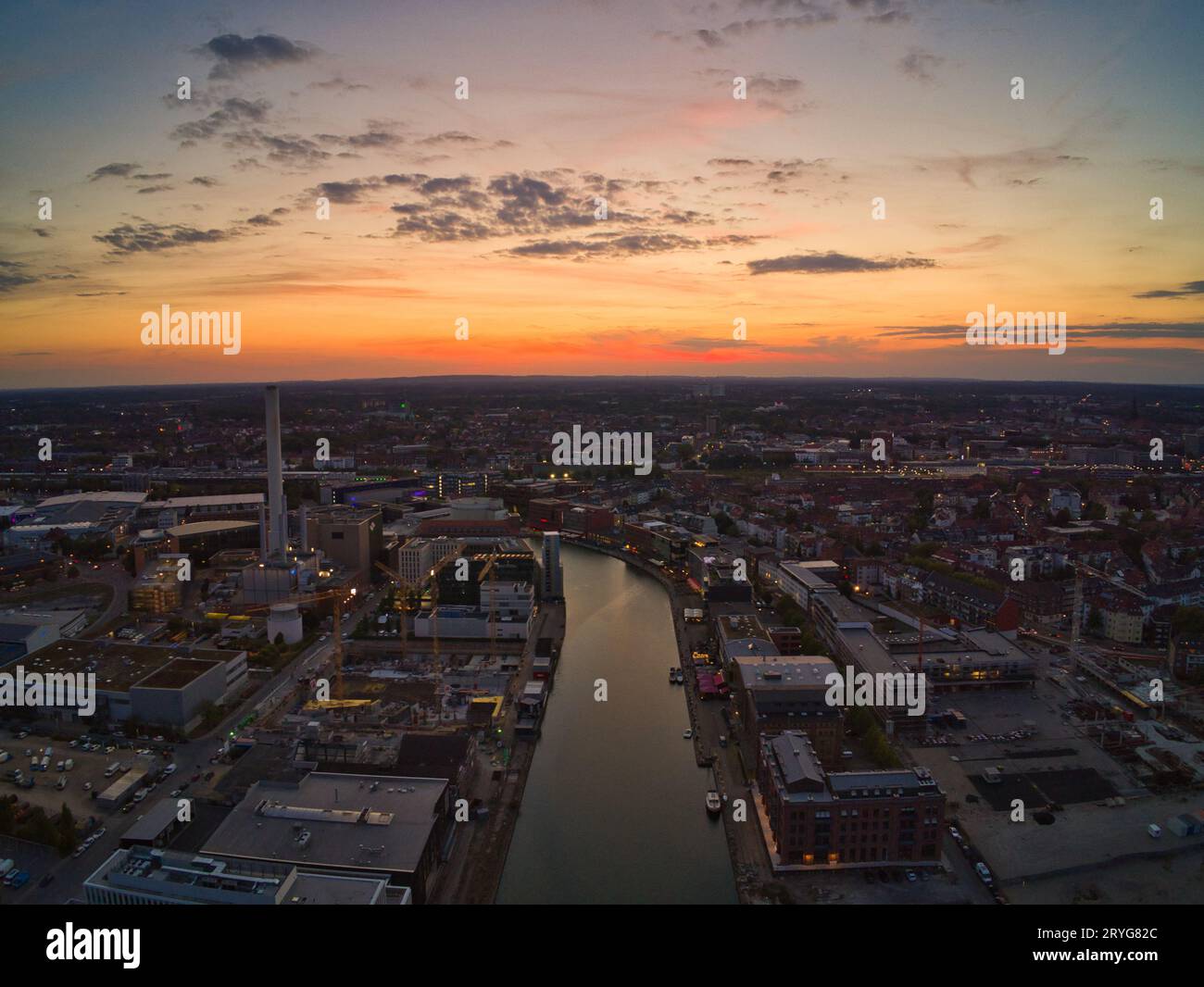 Aerial view of the Munster harbor Stadthafen at sunset in Muenster ...