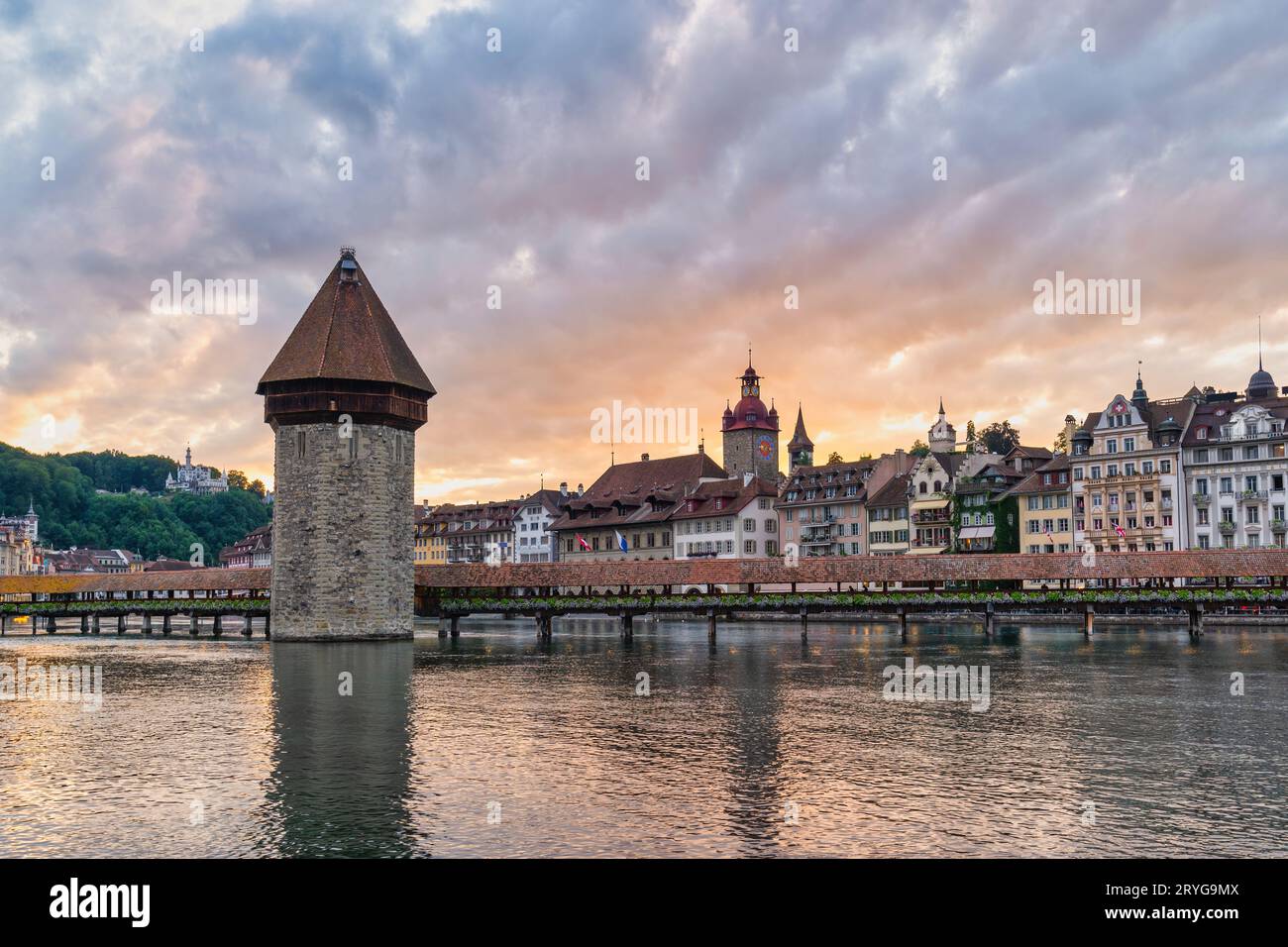 Lucerne (Luzern) Switzerland, sunset city skyline at Chapel Bridge ...