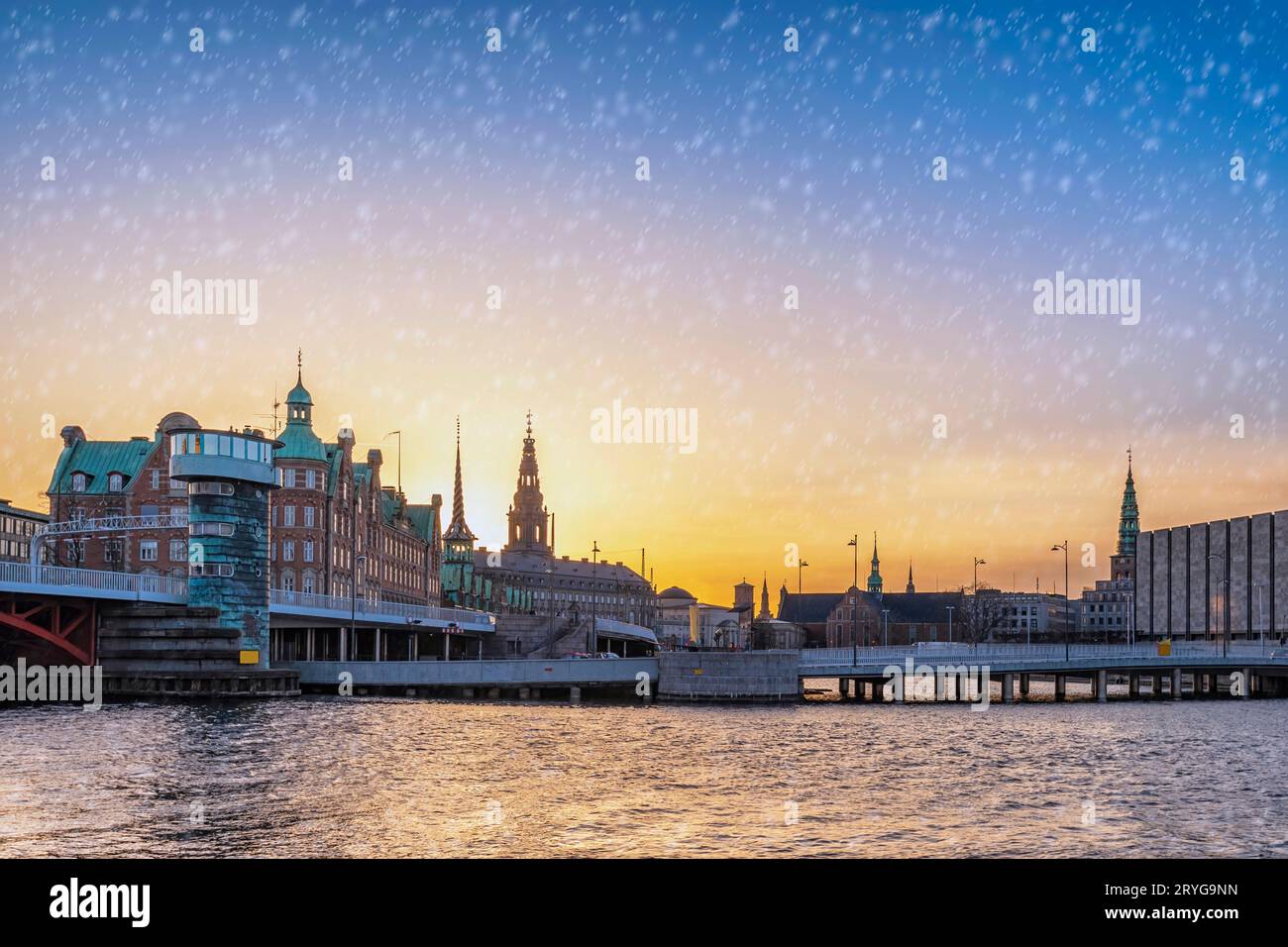Copenhagen Denmark, sunset city skyline at Harbour with winter snow ...