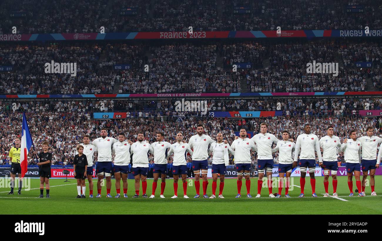 Paris, France. 9th Sep, 2023. France line up for the national anthem ...
