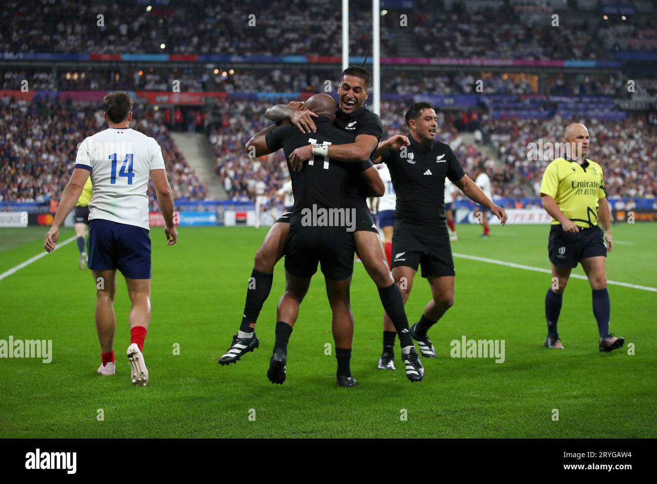 Paris, France, 9th September 2023. Rieko Ioane (C) celebrates the try ...