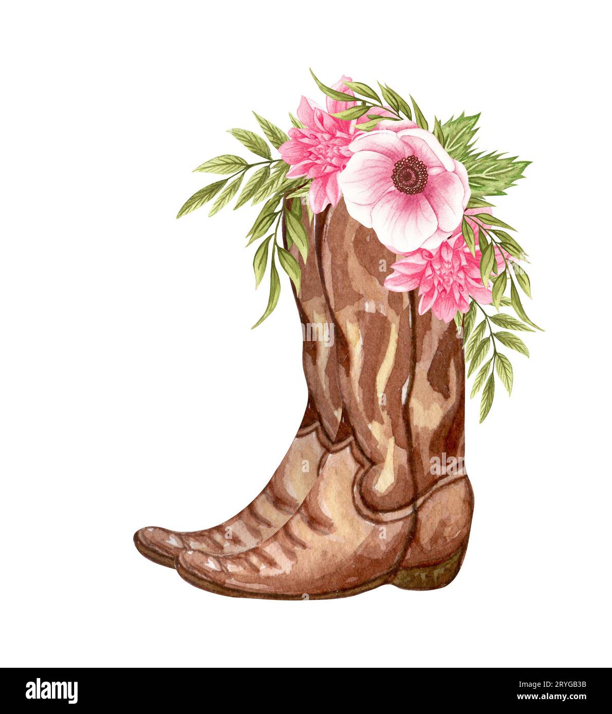 Watercolor Flowers in boots. Cowboy boots and flowers. Farmhouse rustic ...